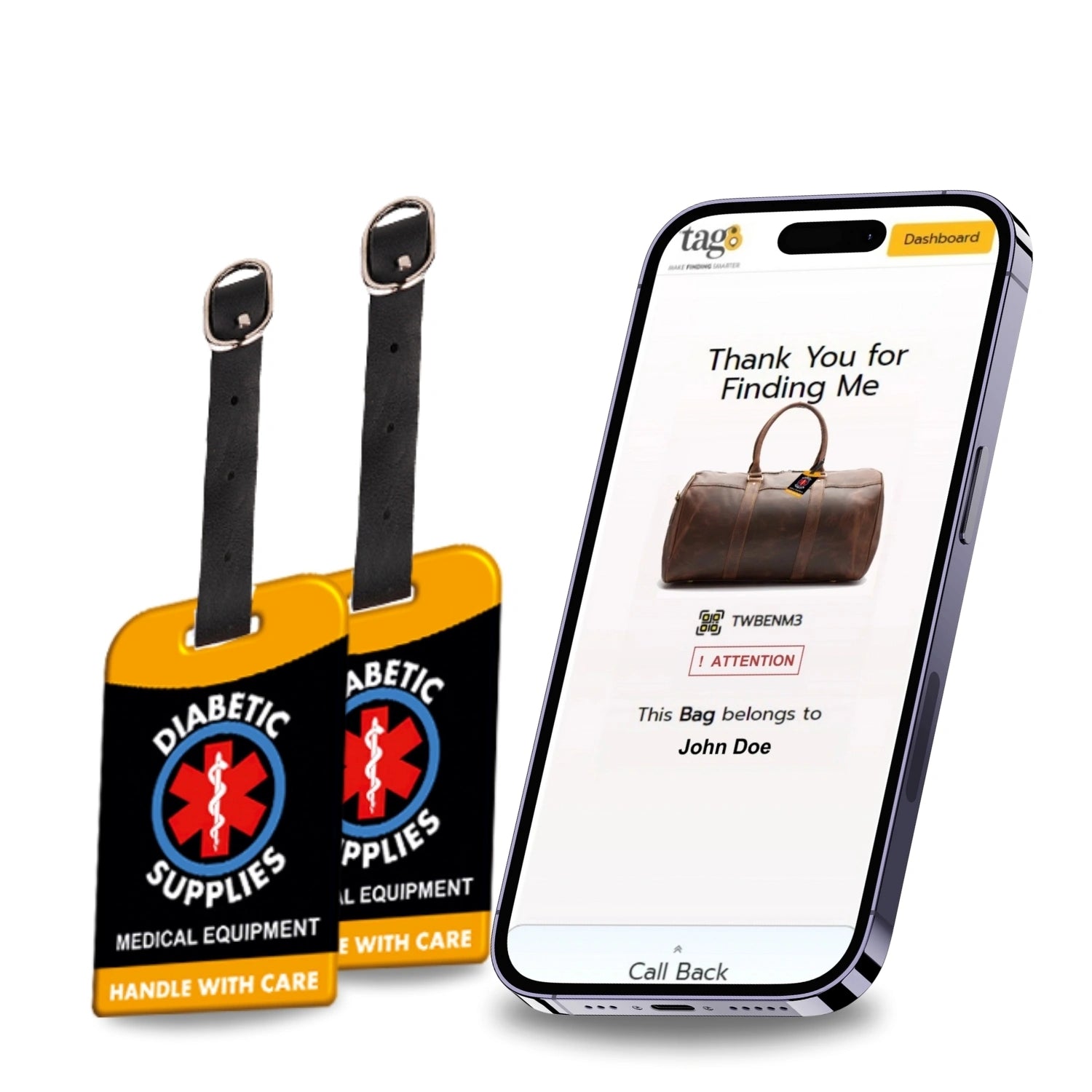 tag8 Diabetic Equipment Tag Yellow Color [Pack 2] | For your tracking ...