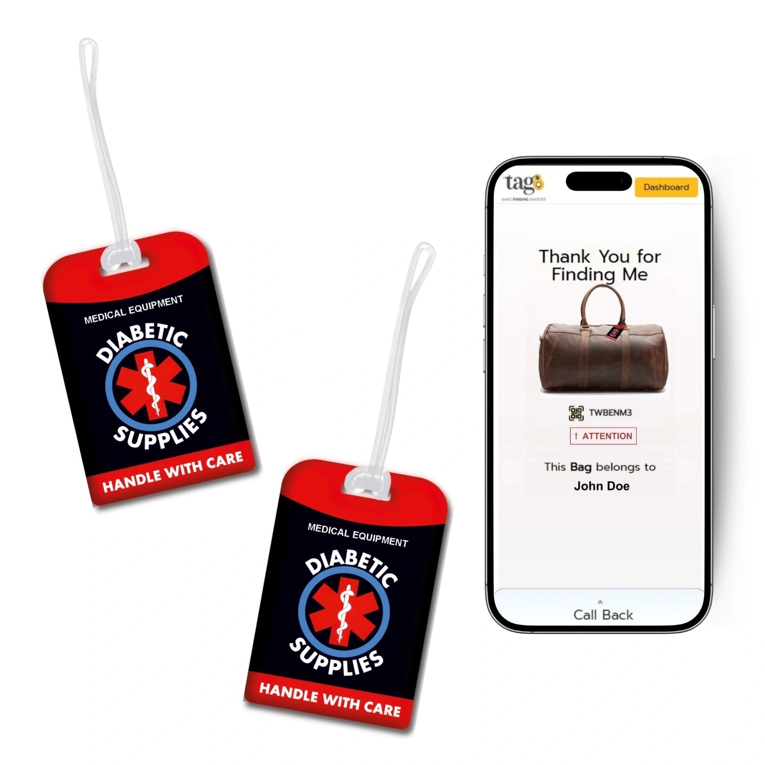 tag8 Diabetic Equipment Tag Red Color [Pack 2] | For your tracking needs!